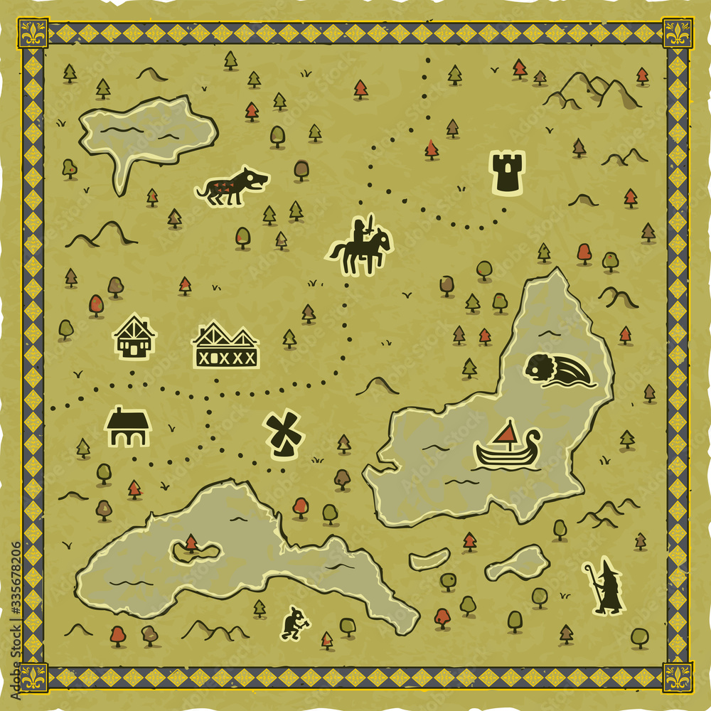Vector medieval adventure map with trees, lakes, a wolf, a dungeon ...