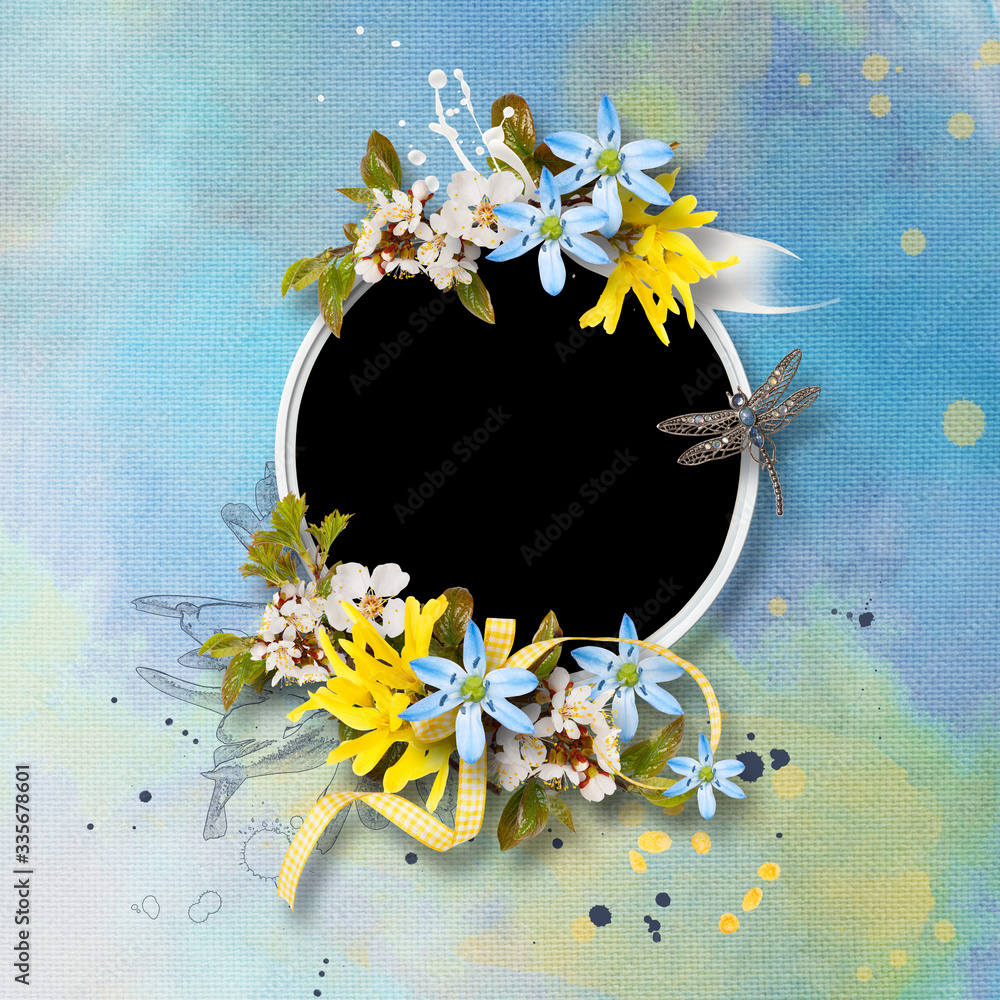 Decorative frame in scrapbook style with blue background. Summer or ...