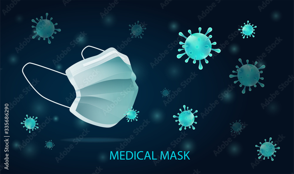 Medical mask wth airborne virus molecules floating around it in a ...