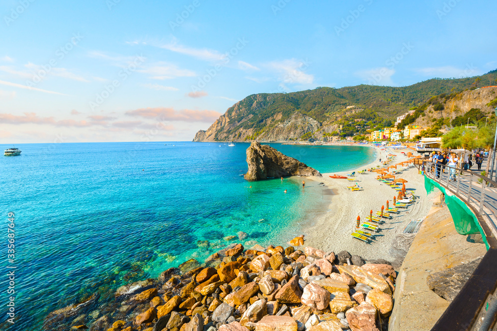 The sandy beach at the Italian village of Monterosso al Mare on the ...