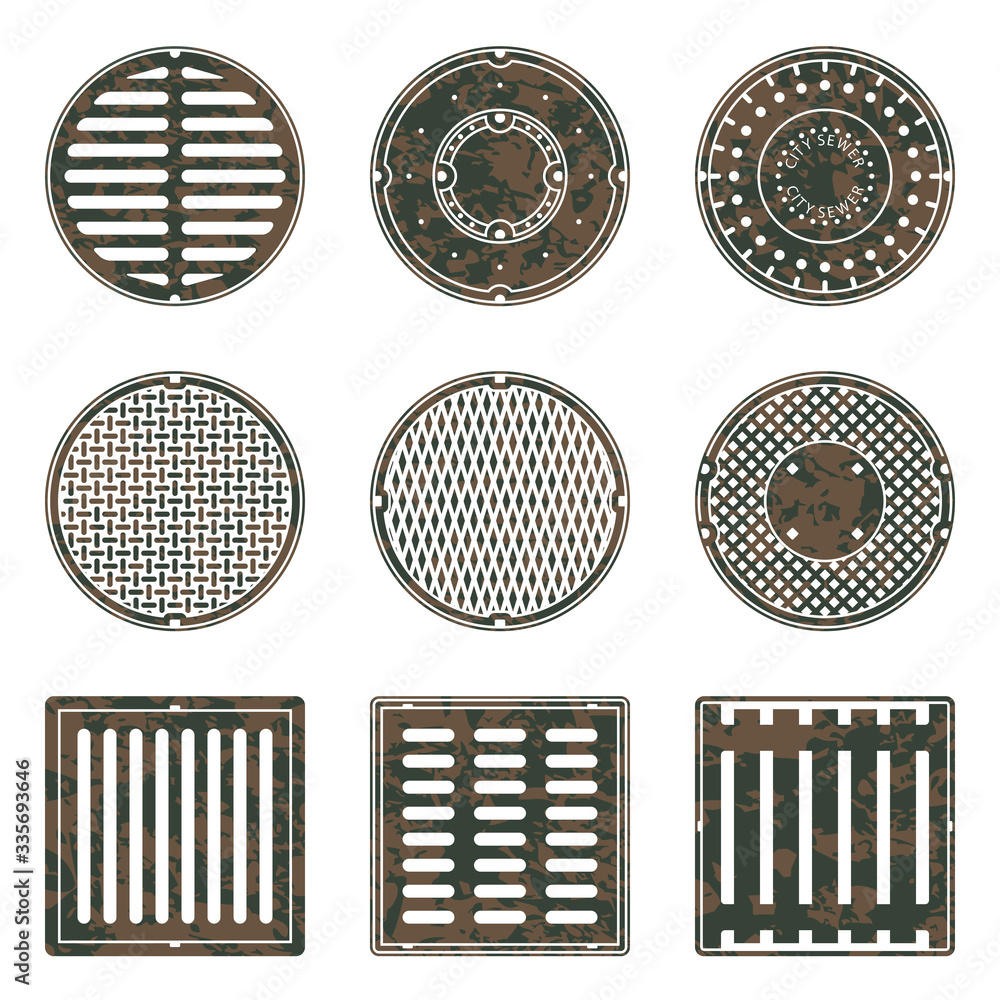 A set of vector textured sewer caps and grids isolated on a white ...