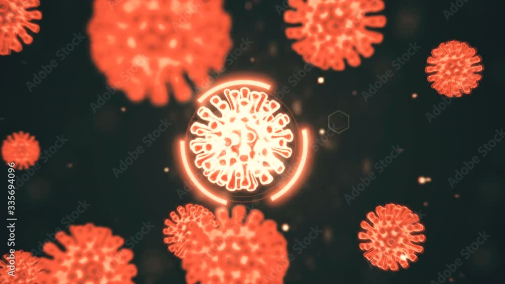 Electron microscope magnification of coronavirus covid19 cells. Orange ...