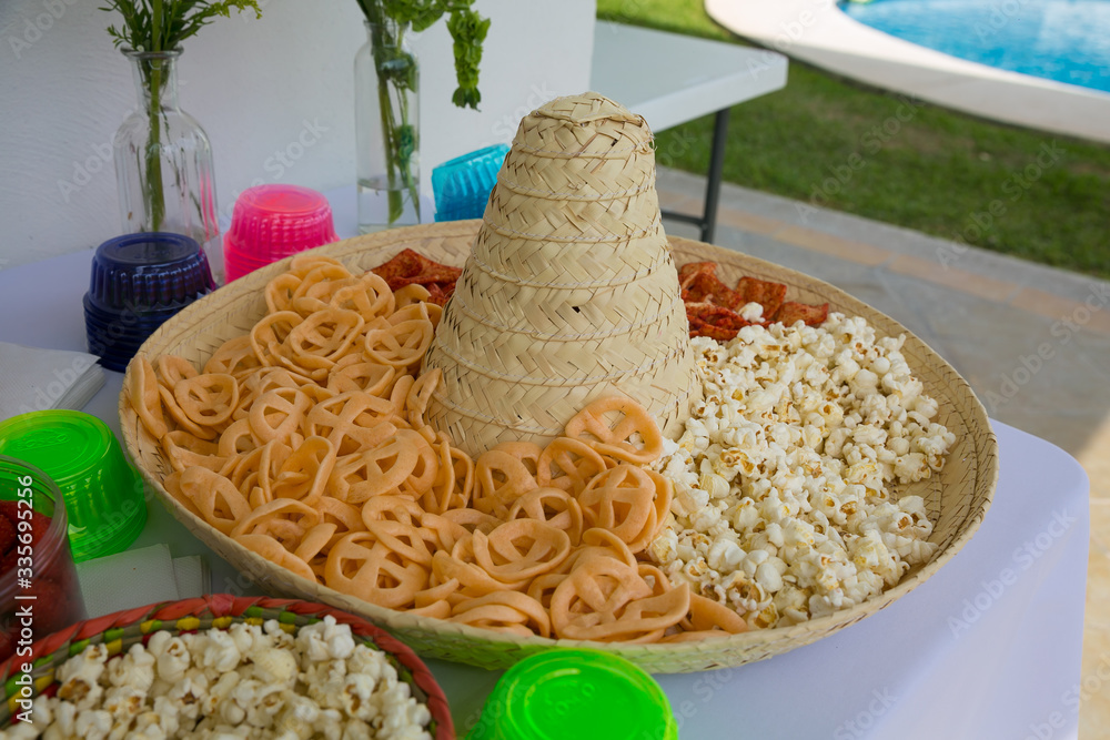 botana de chicharrones y palomitas en sombrero Mexicano para celebrar ...