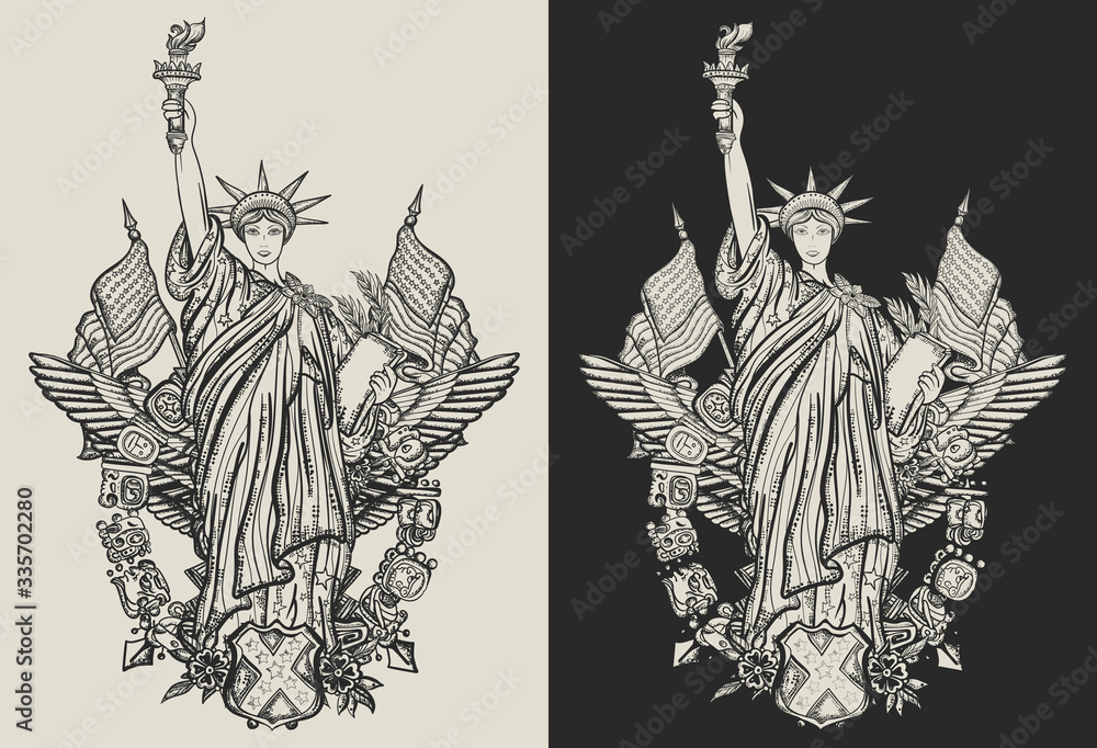 United States of America. Statue of liberty, crossed flags. Patriotic ...