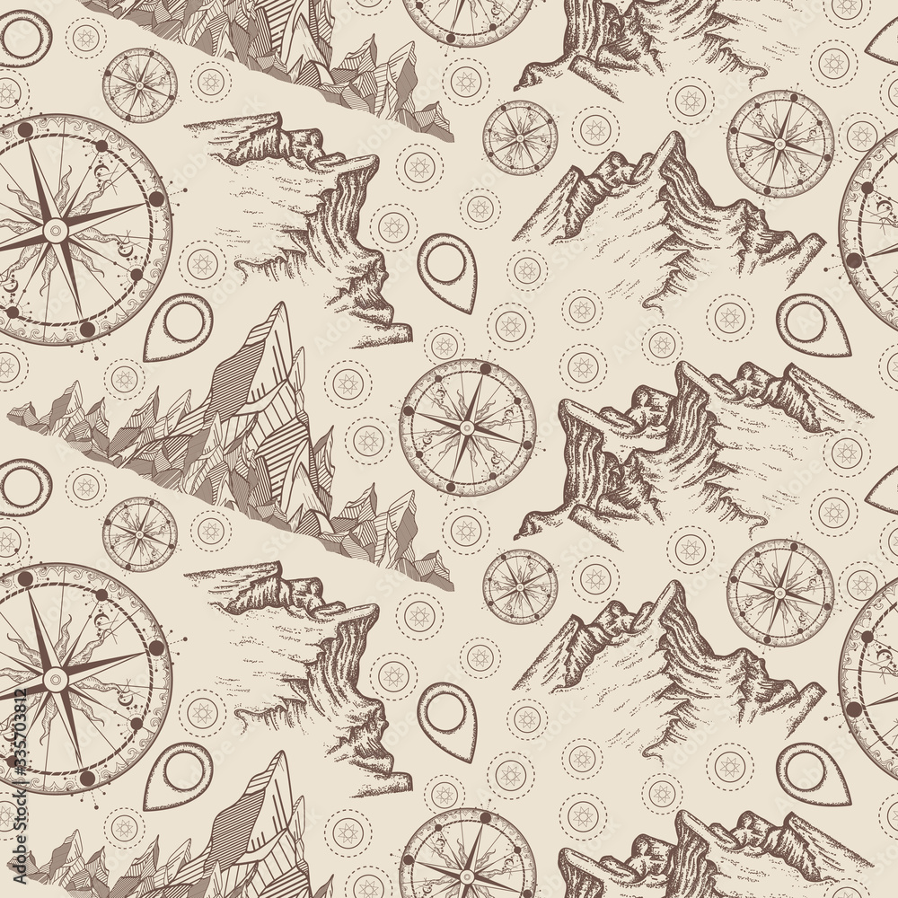 Mountains, compass, map pointer, tourist. Seamless pattern. Packing old ...