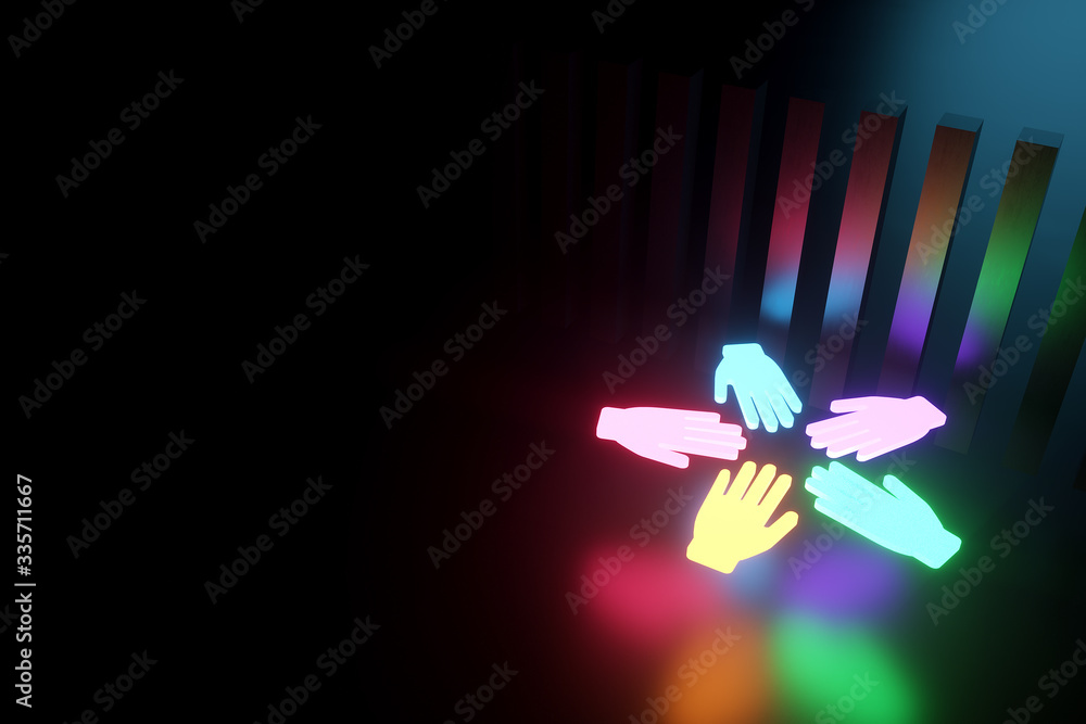 Inclusion, team of workers five multi-colored hand icons on a dark ...