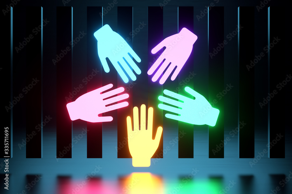 Inclusion, team of workers five multi-colored hand icons on a dark ...