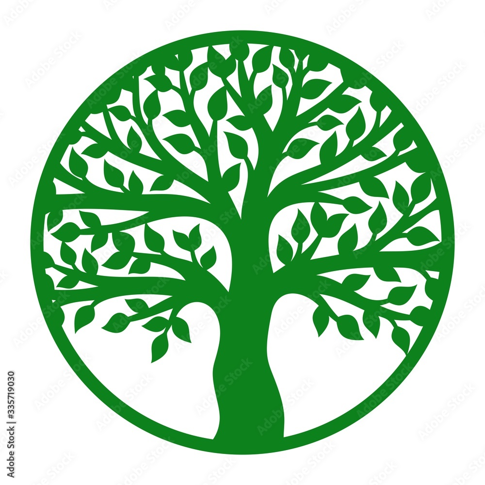 Vector tree of life in a round frame. Green trunk, branches and leaves ...
