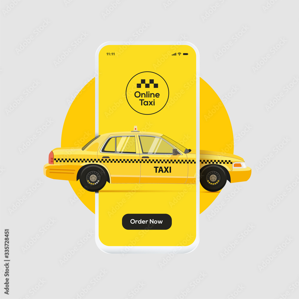 Online taxi ordering service banner design. Yellow cab driving through ...