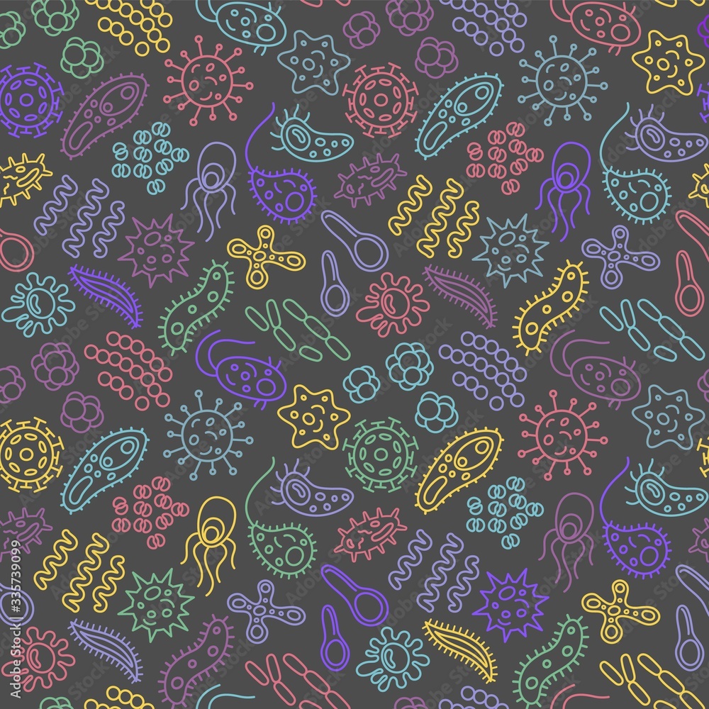 Seamless pattern with bacteria, viruses and germs. Microorganism cells ...