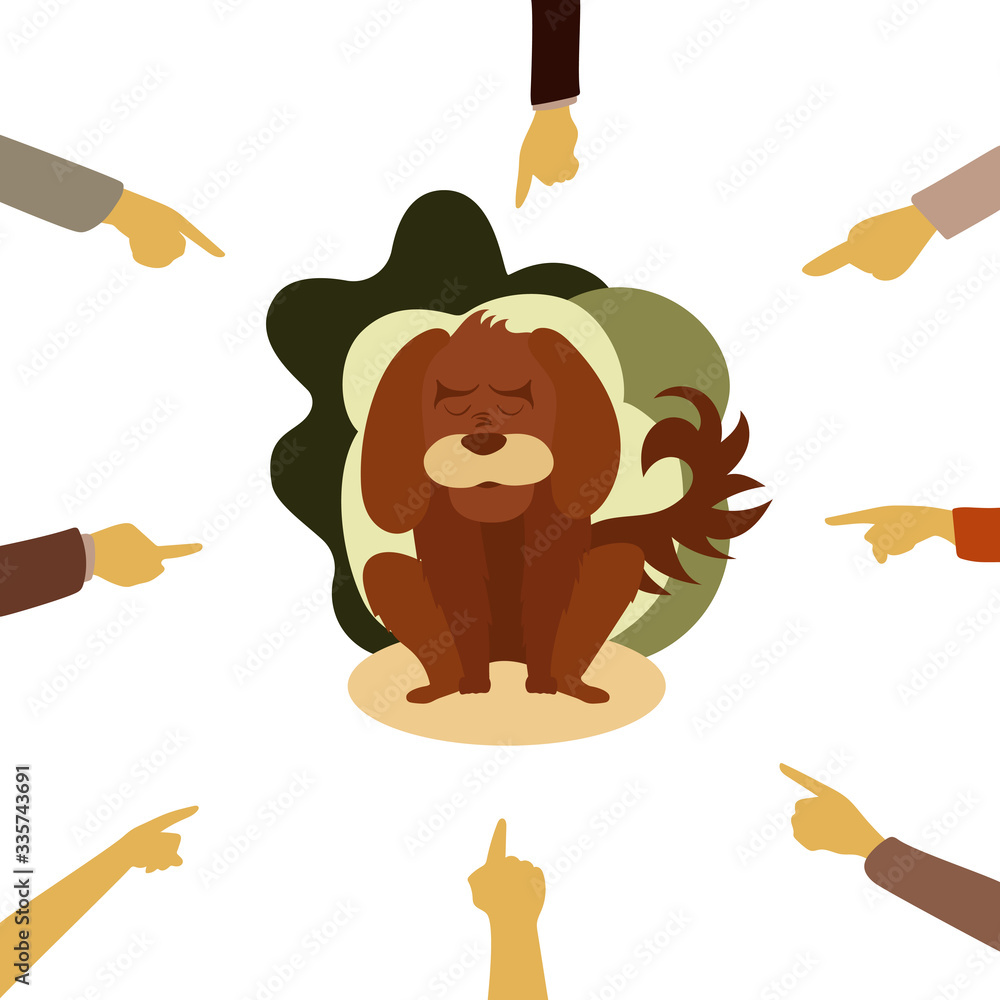 The dog is surrounded by people who point fingers at it on a white ...