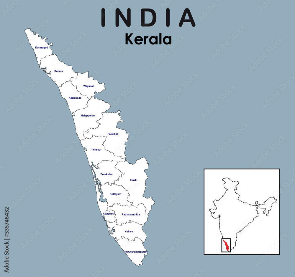Kerala map. vector illustration of district map of Kerala in white ...