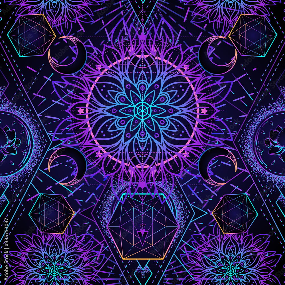 Sacred Geometry seamless pattern. Hindu symbols of wisdom and path to ...