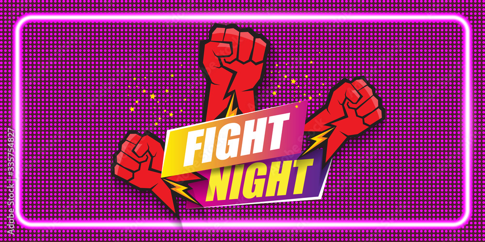 Fight night vector horizontal banner with text and strong fist. mma ...