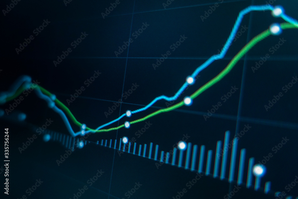 Stock market trading graph and candlestick chart on screen monitor for ...