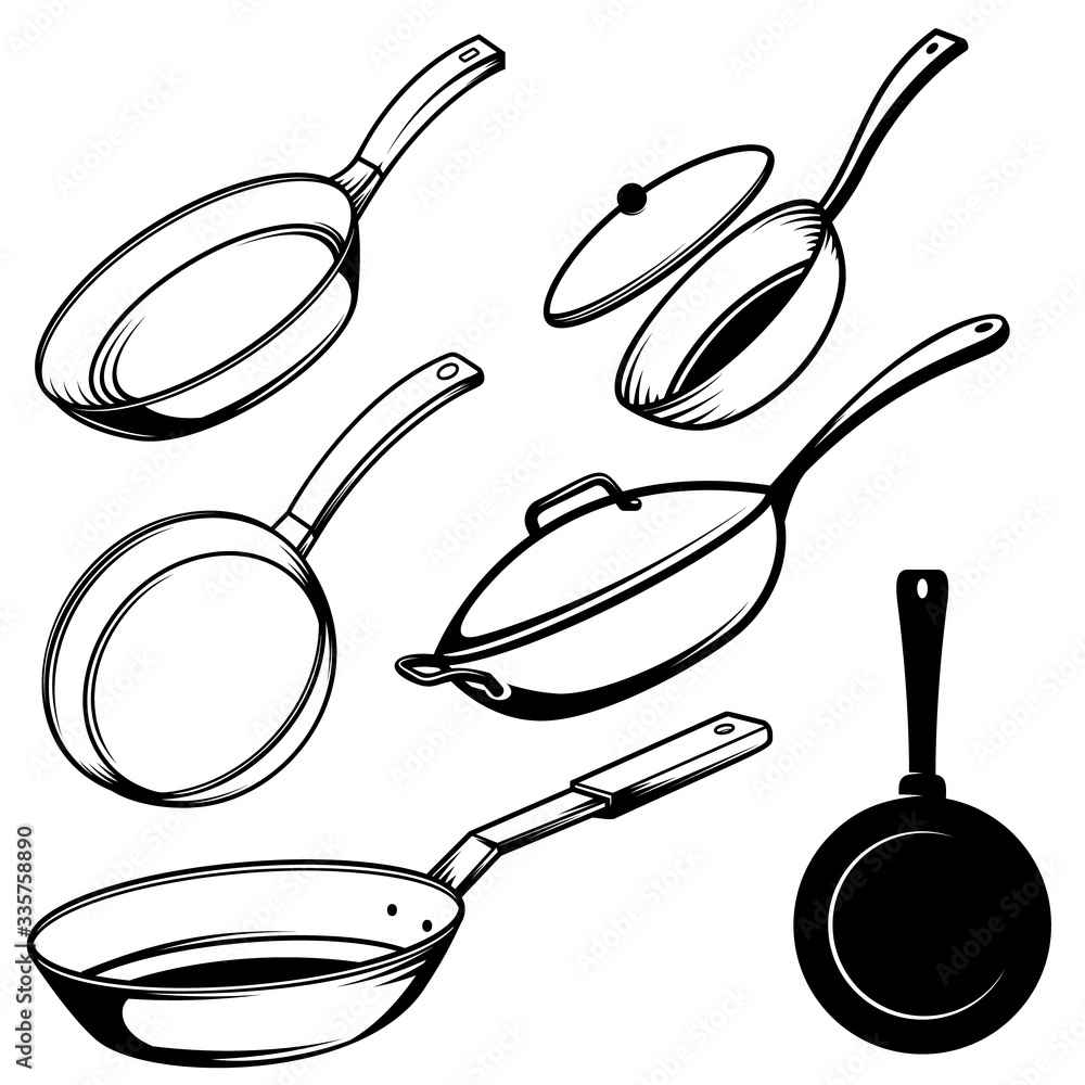 Set of illustrations of cooking pans in engraving style. Design element ...