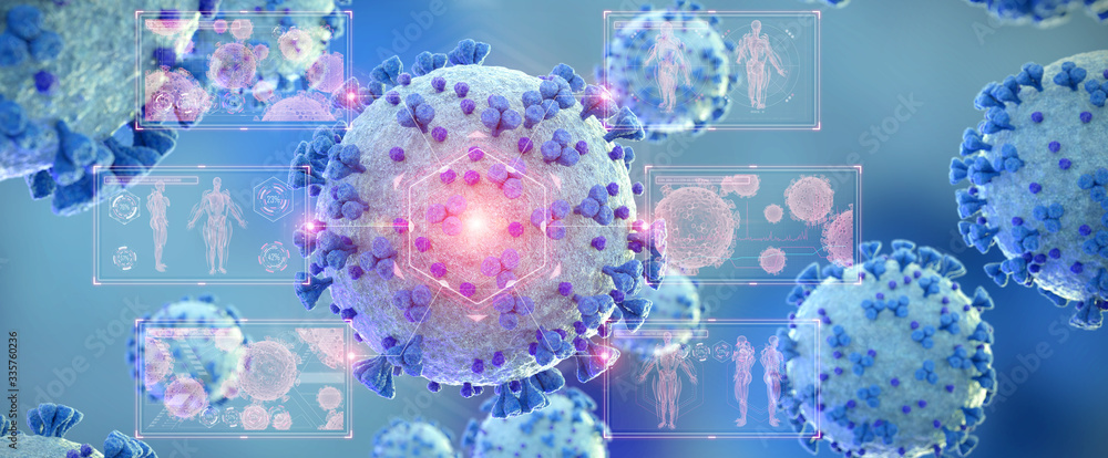 Microscopic close-up of the covid-19 disease. Coronavirus illness ...