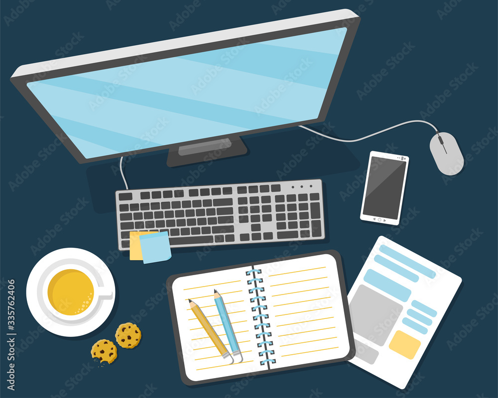 Workspace flat lay, work desktop top view, office desk table, with ...