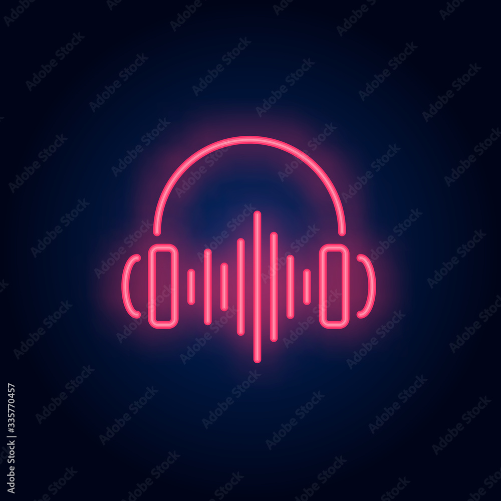 Headphones neon sign. Luminous signboard with earphones and soundwave ...