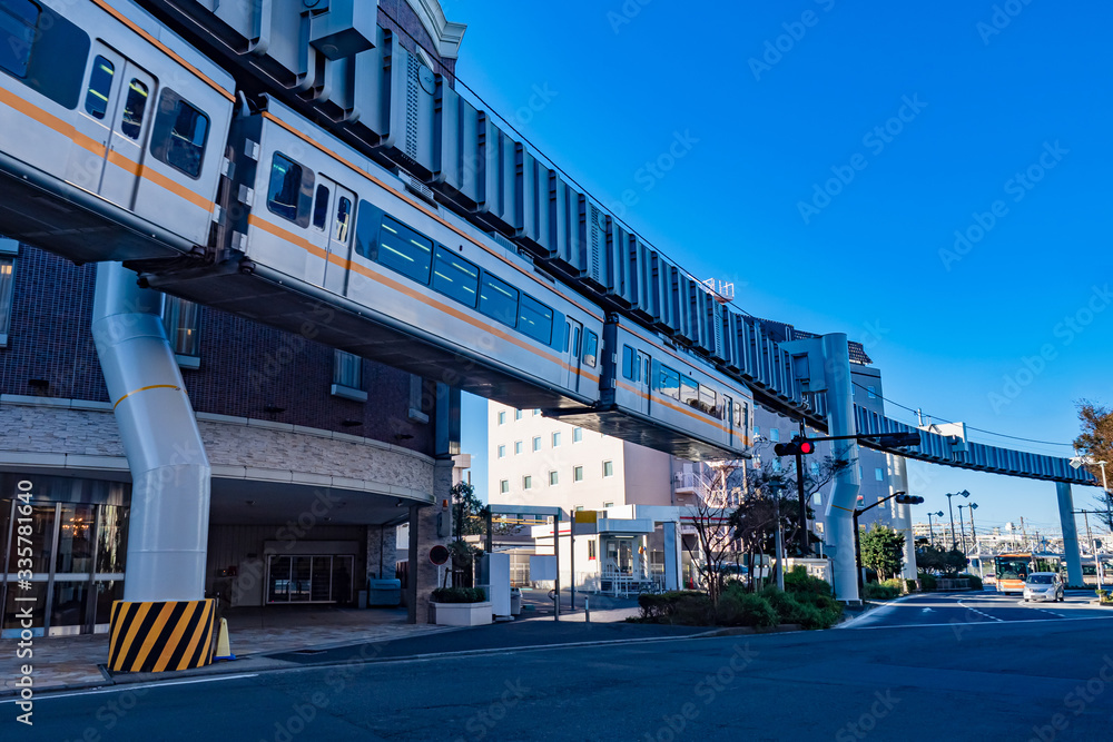 Japan. The train is moving on the overhead railway in Fujisawa. An ...