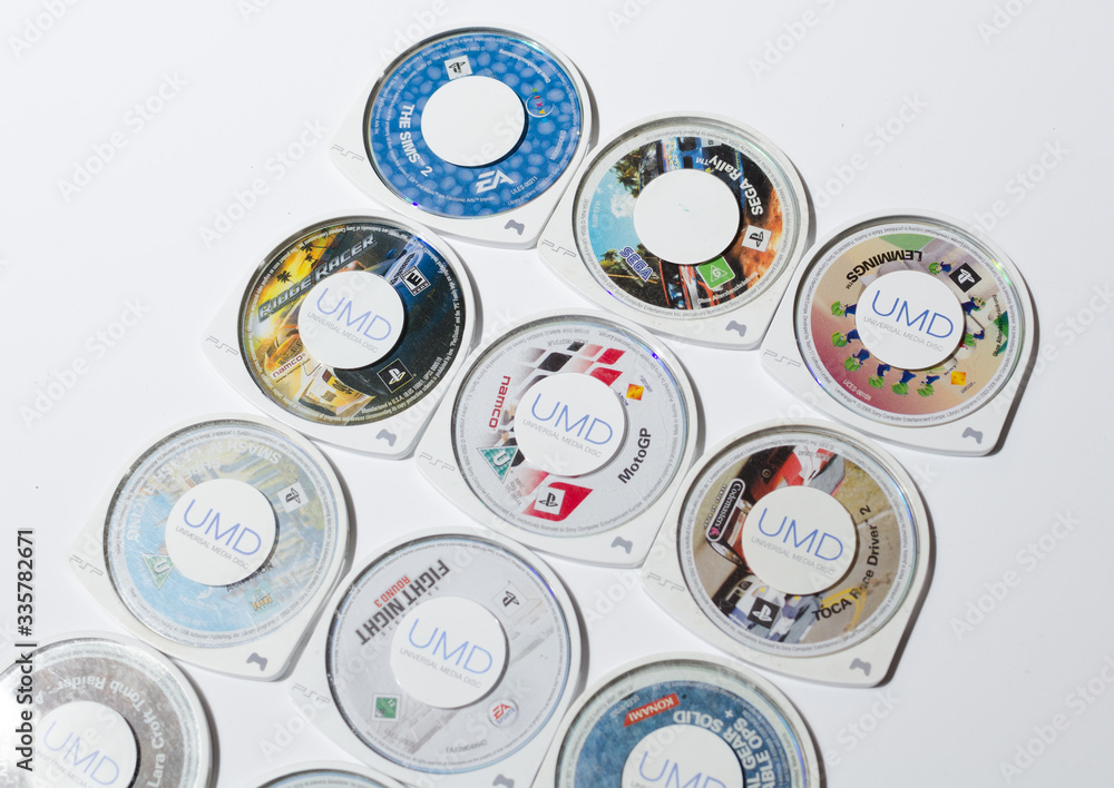 london, england, 05/05/2018 A collection of sony psp video games discs ...