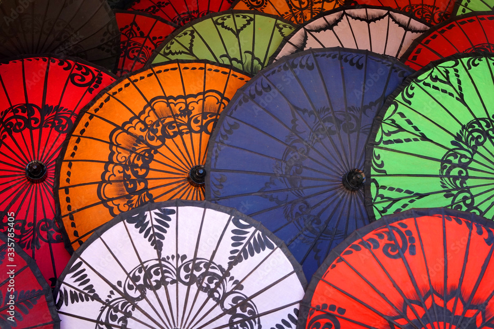 Abstract Scene of Famous Colorful umbrella is stacked at Ananda temple ...