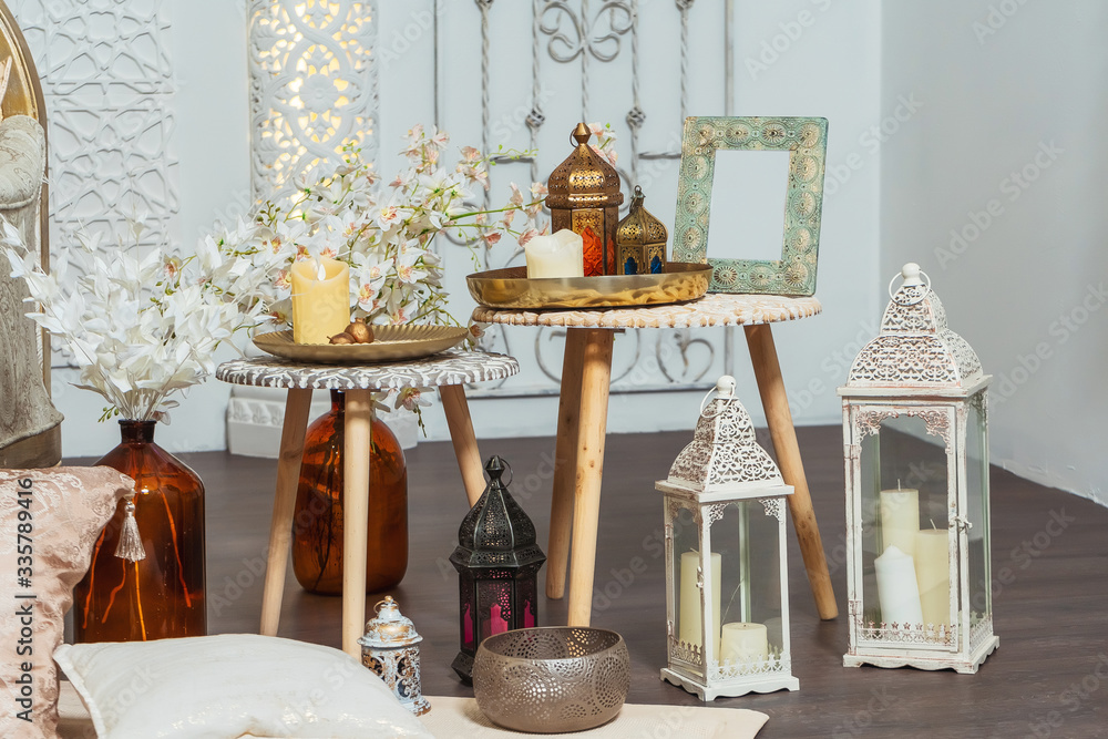 Oriental lanterns and interior details in the Arabic Turkish style ...