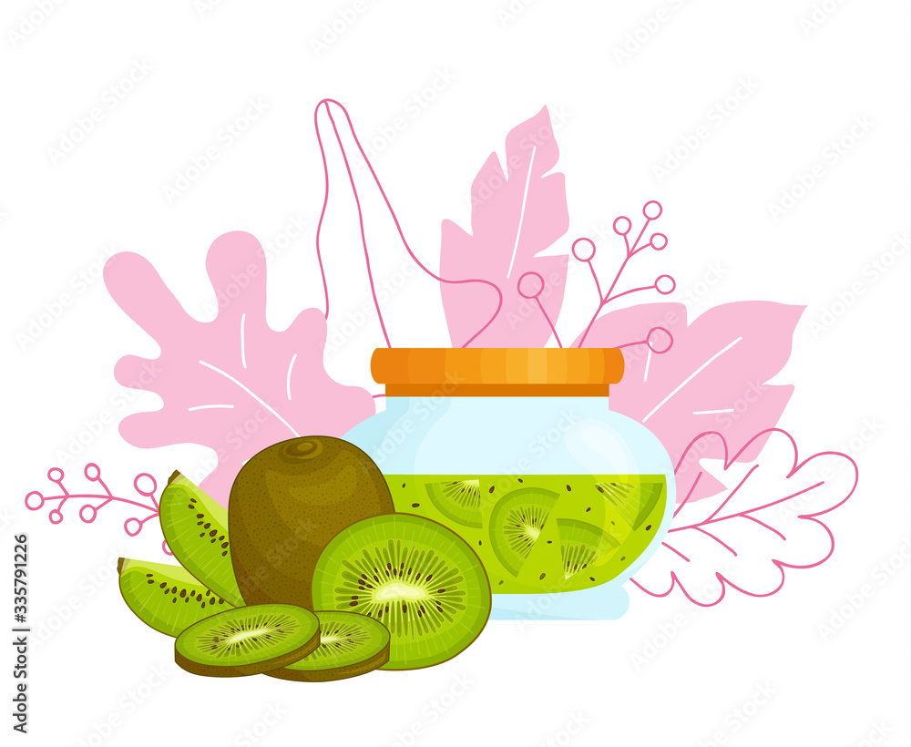 Kiwi jam in a jar. Composition with home preservation, leaves and fruit ...