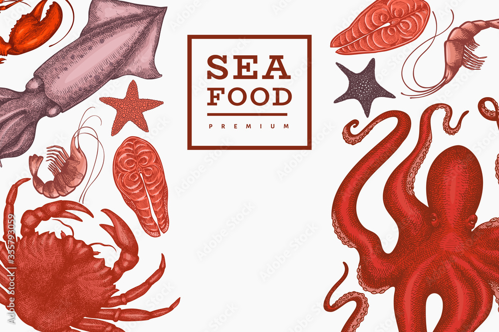 Seafood design template. Hand drawn vector seafood illustration ...