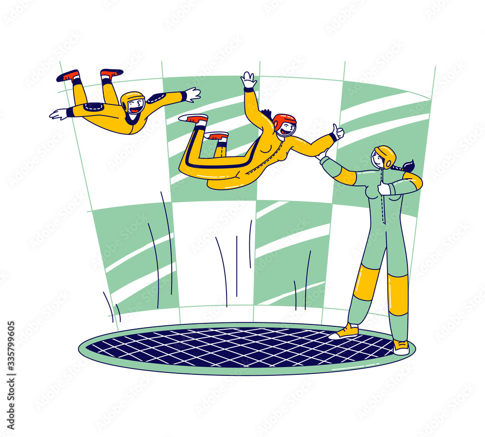 Happy Male and Female Characters Training with Coach in Vertical Glass ...