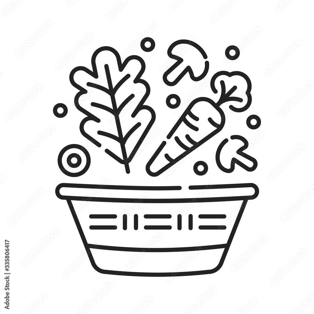 Vegetables in basket black line icon. Natural, healthy vegetarian food ...