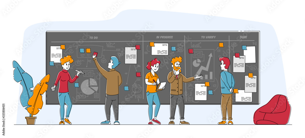 Agile Development Software Methodology Concept. People Characters Sticking Papers on Scrum Task ...
