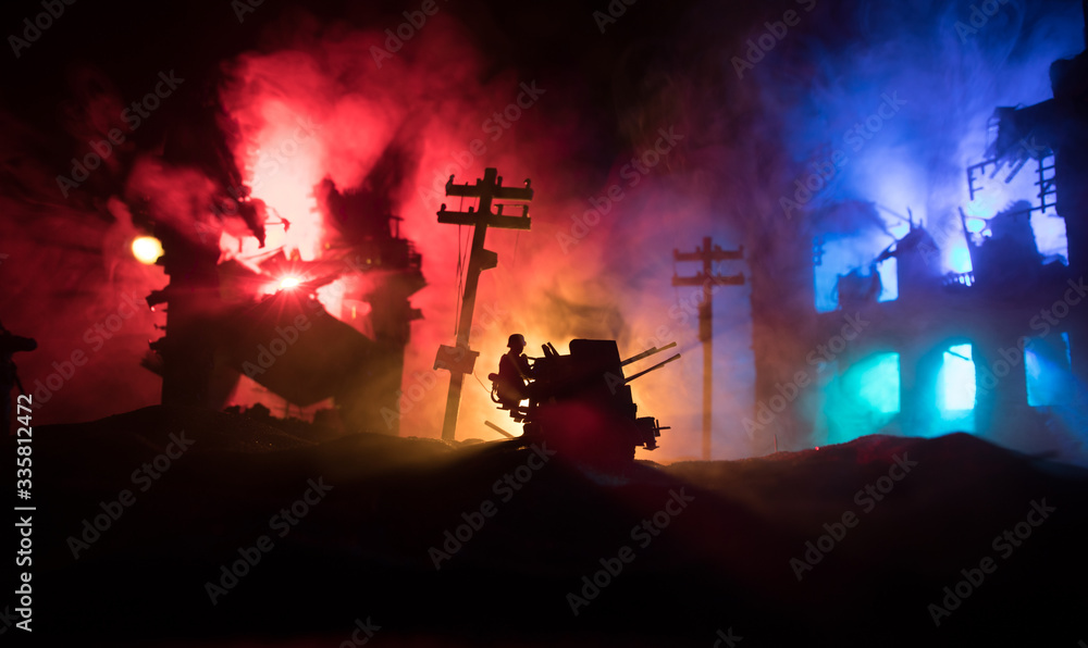 War Concept. Military silhouettes fighting scene on war fog sky ...