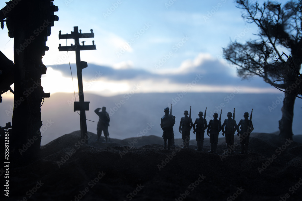 War Concept. Military silhouettes fighting scene on war fog sky ...