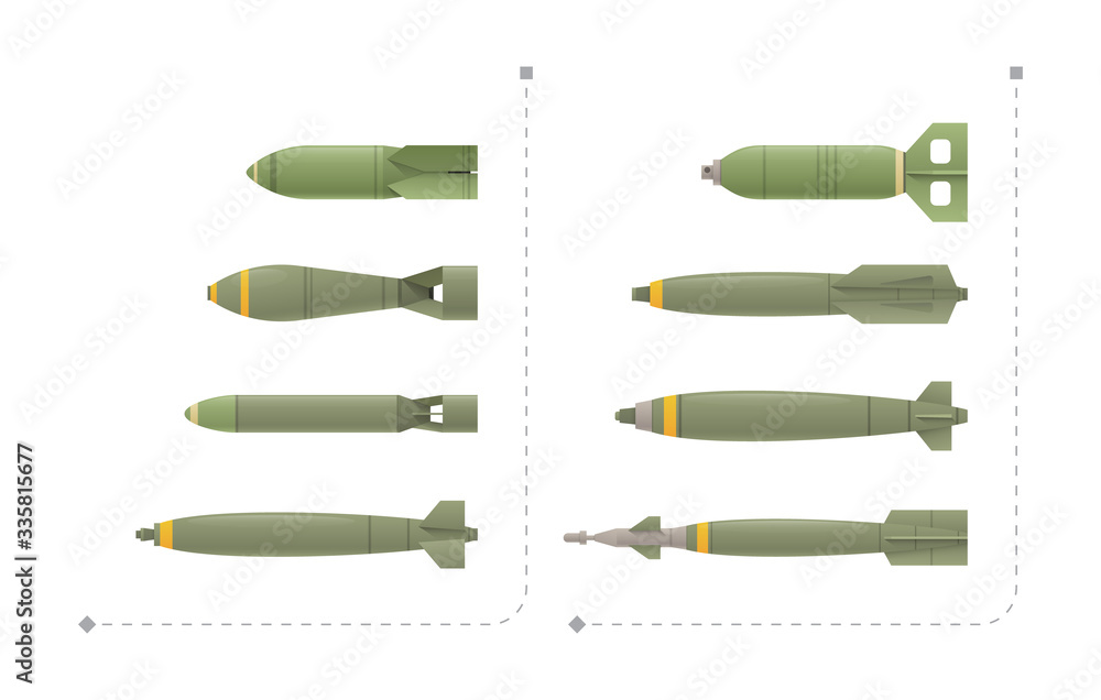 A set of aerial bombs is isolated on a white background. The set of ...