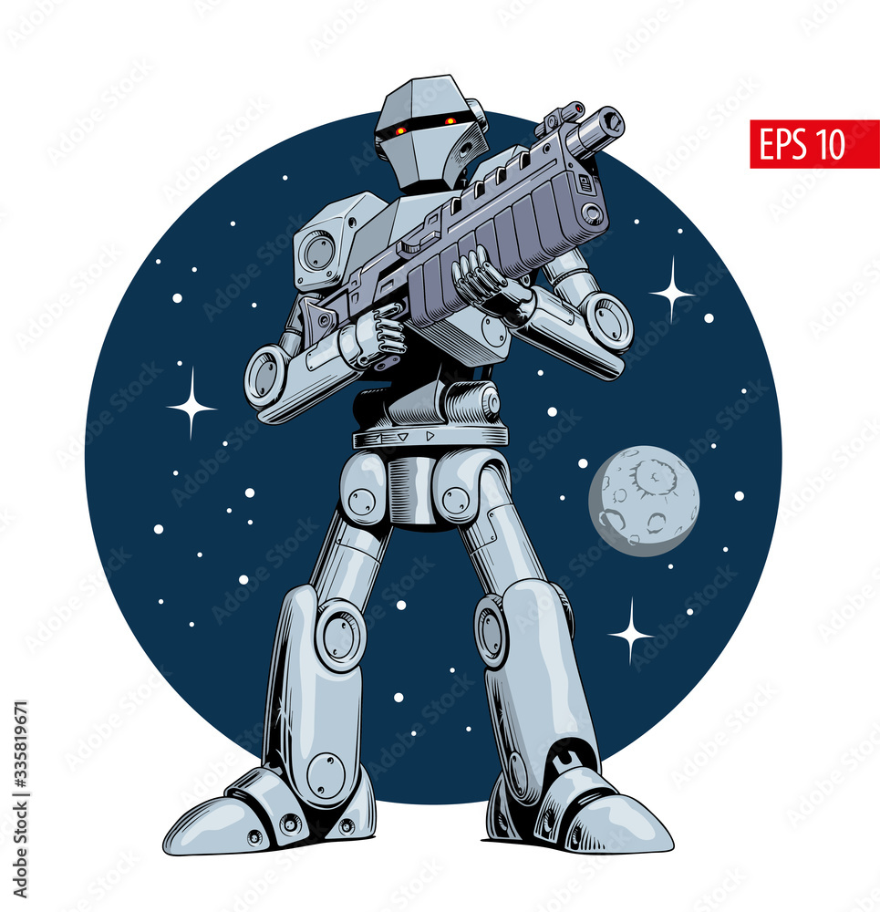 Battle robot holding blaster or machine gun, comic style vector ...