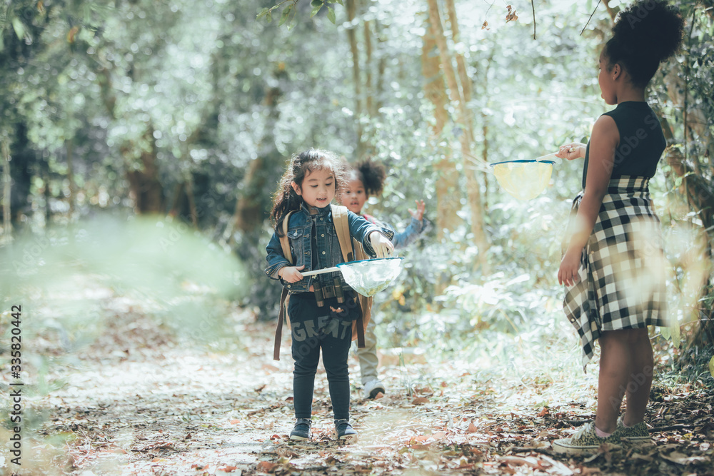 Summer camp. little cute girl catching butterflies and bugs with her ...