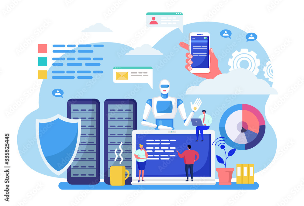 Data center vector illustration. Cartoon tiny people work with hosting ...