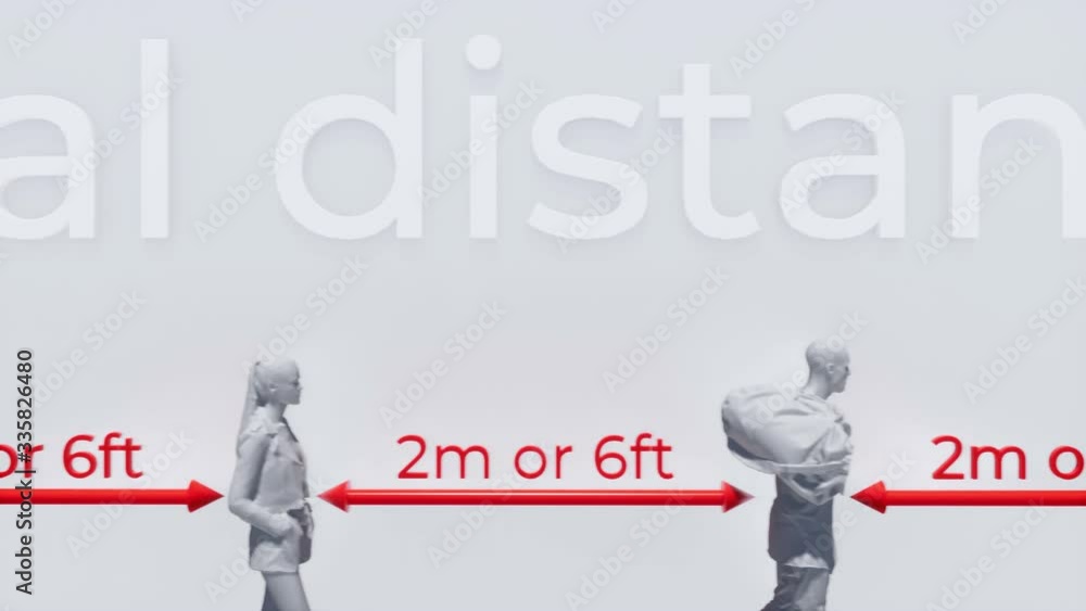 Abstract unrecognizable people waiting in line and keeping safe ...