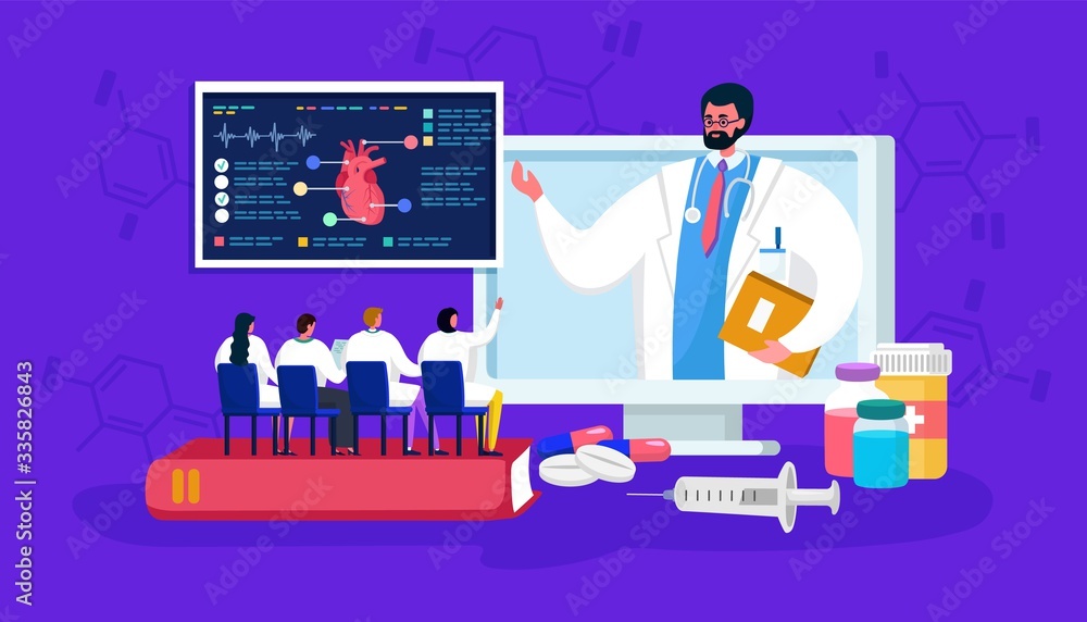 Medical online seminar vector illustration. Cartoon flat tiny doctor ...