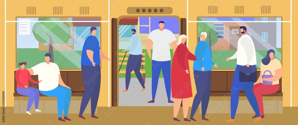 People get off at bus stop station platform vector illustration ...