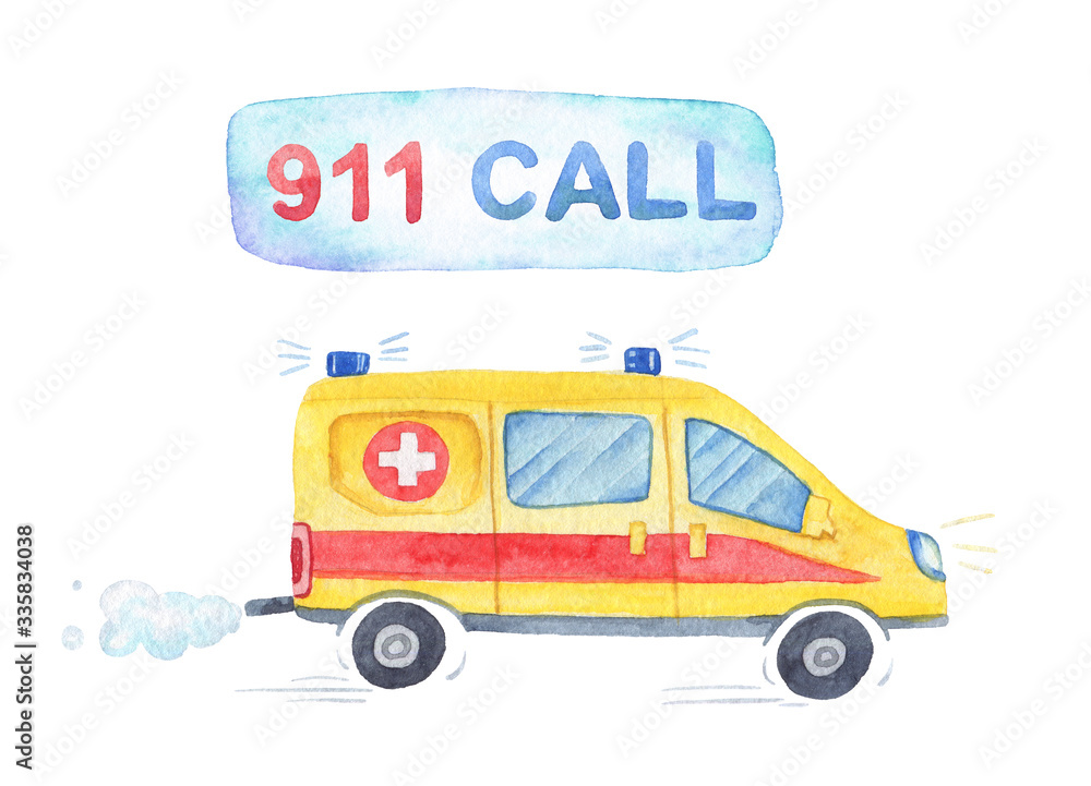 Watercolor Poster with racing yellow ambulance, cartoon style. Isolated ...