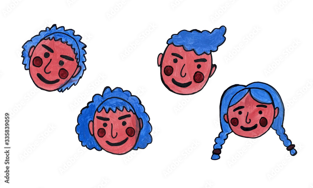 cartoon face blea haired people. Hand drawn line art colored ...