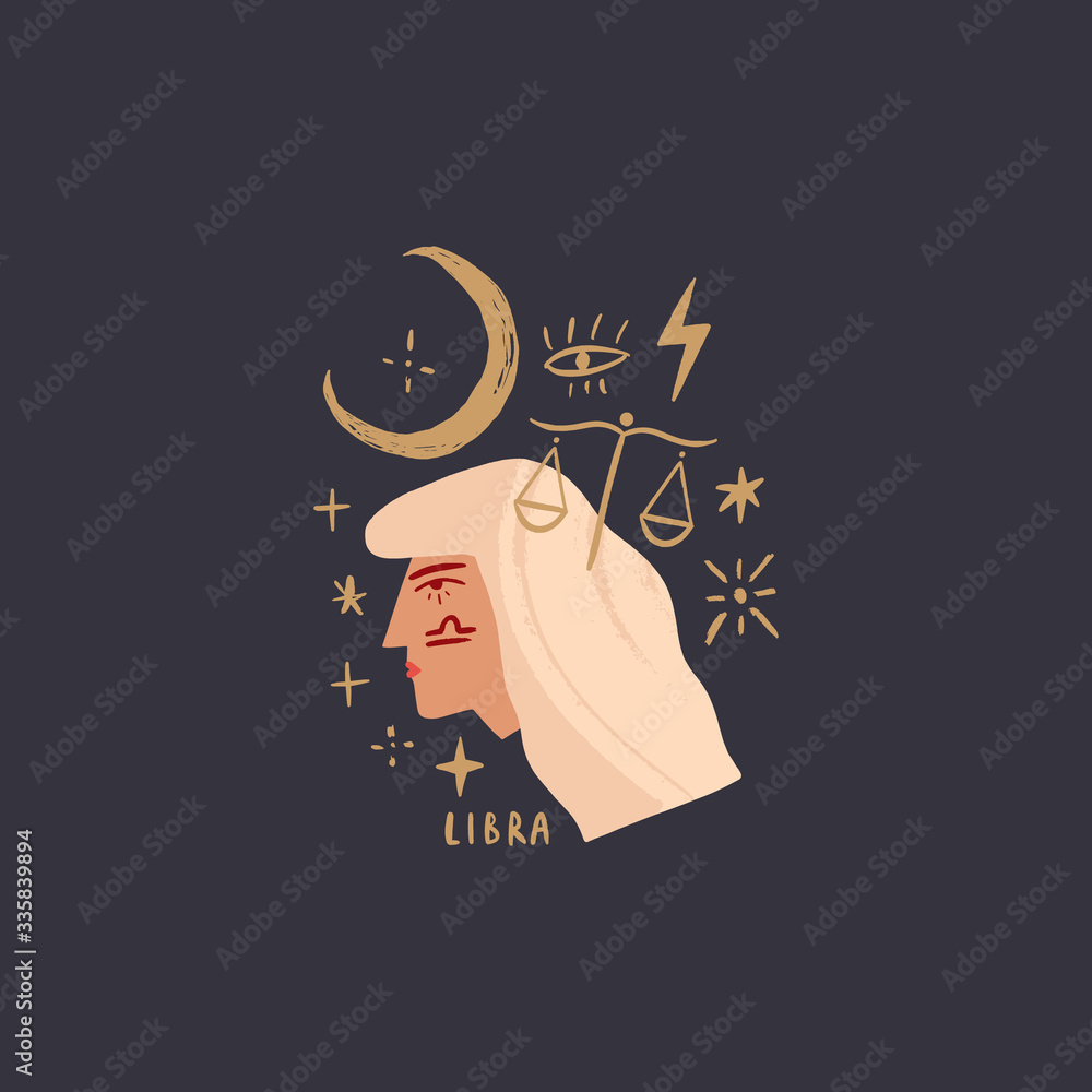 Zodiac girl Libra character. Space head portrait sign. Vector ...