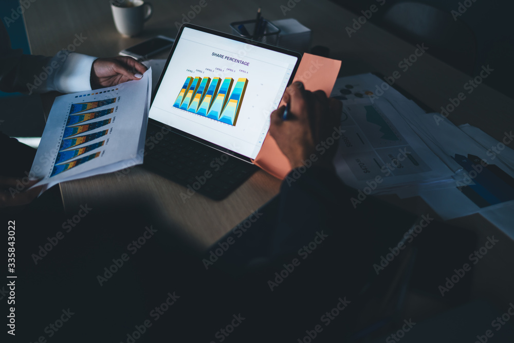 Cropped image of professional experts sitting at desk and analyzing ...