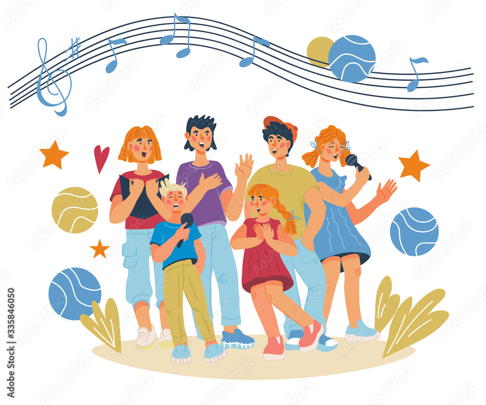 Group of children cartoon characters singing in school chorus. Music ...