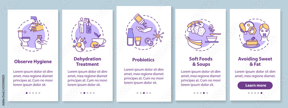 Vetor de Rotavirus treatment onboarding mobile app page screen with ...