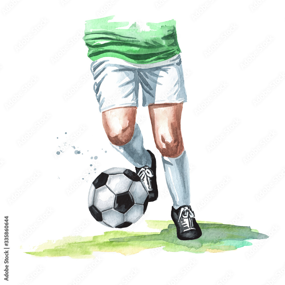 Professional football soccer player in action. Hand drawn watercolor ...