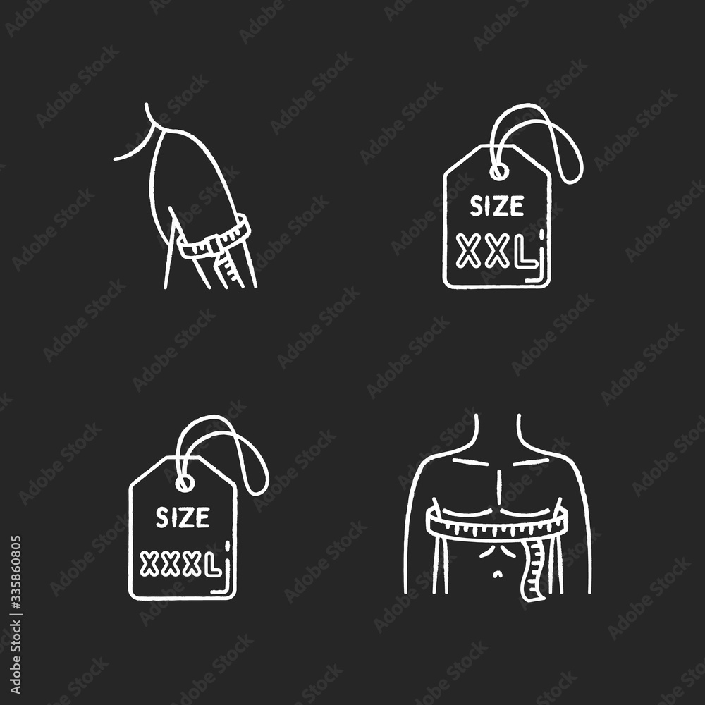Male size labels and measurements chalk white icons set on black ...