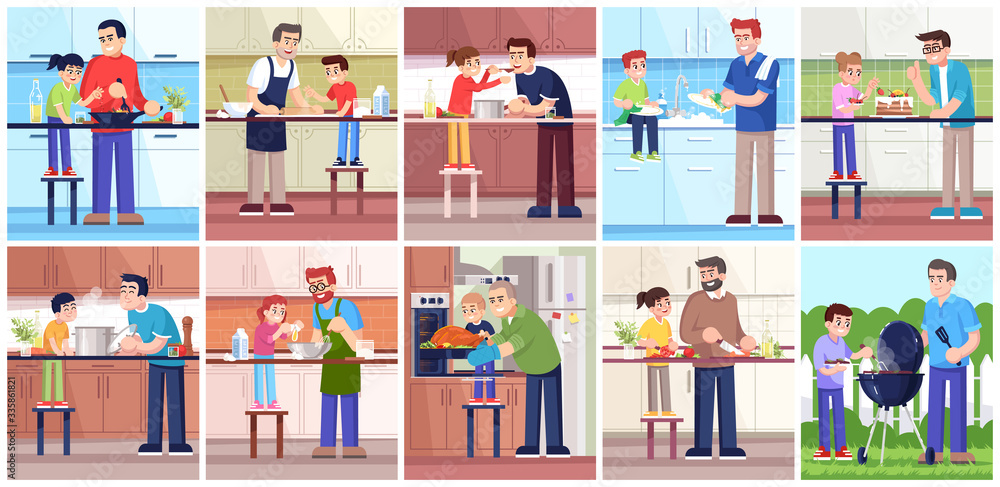 Cooking fathers and children, people in kitchen and outside flat vector ...